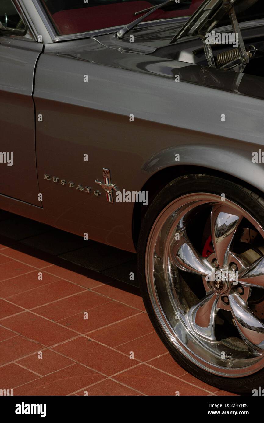 Side view of 1966 Ford Mustang car, showing logo and one wheel Stock ...