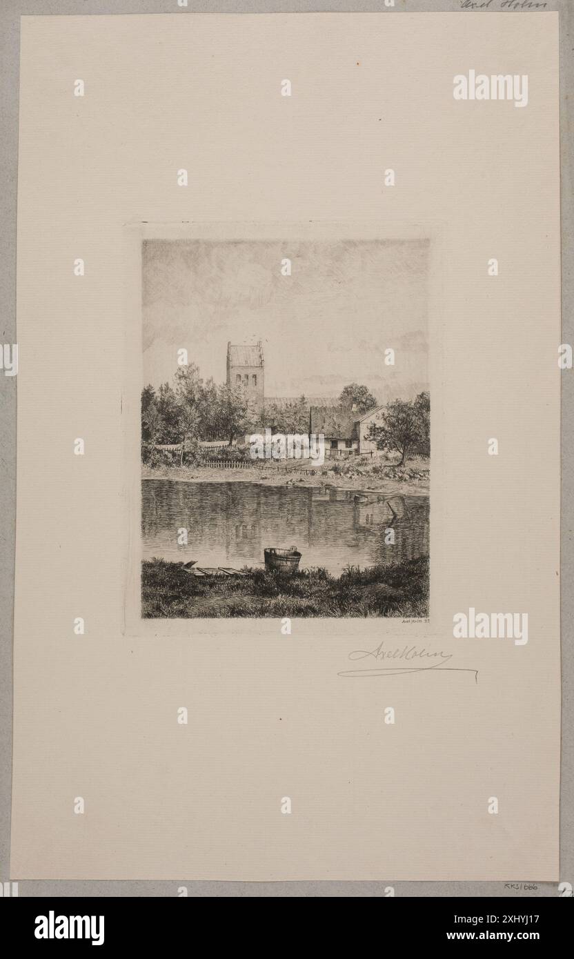 Etching by Axel Holm showing a streetcar and surrounding buildings in ...