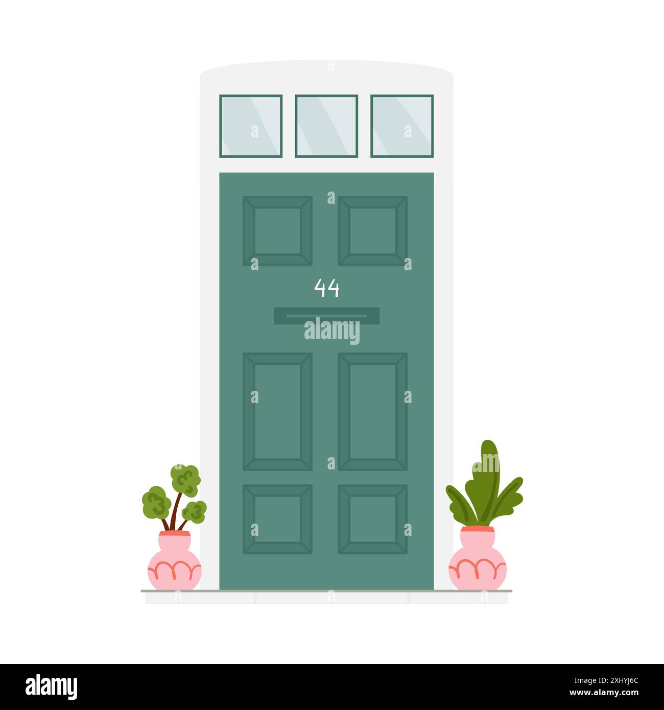 Green front door with apartment number on wooden panel and plants in ...
