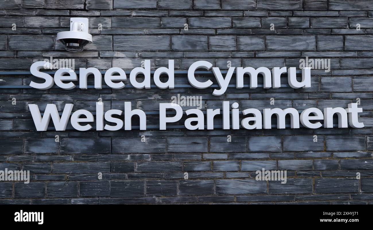 The sign for the Senedd, the Welsh parliament building in Cardiff ...