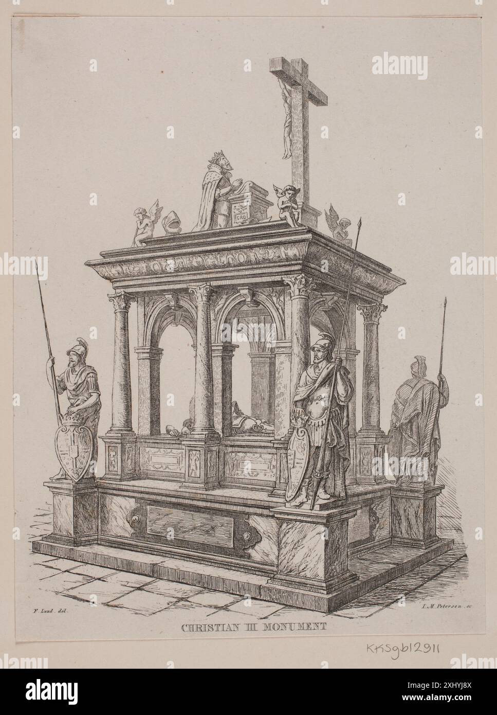 Etching by Julius Magnus-Petersen depicting the Christian III Monument ...