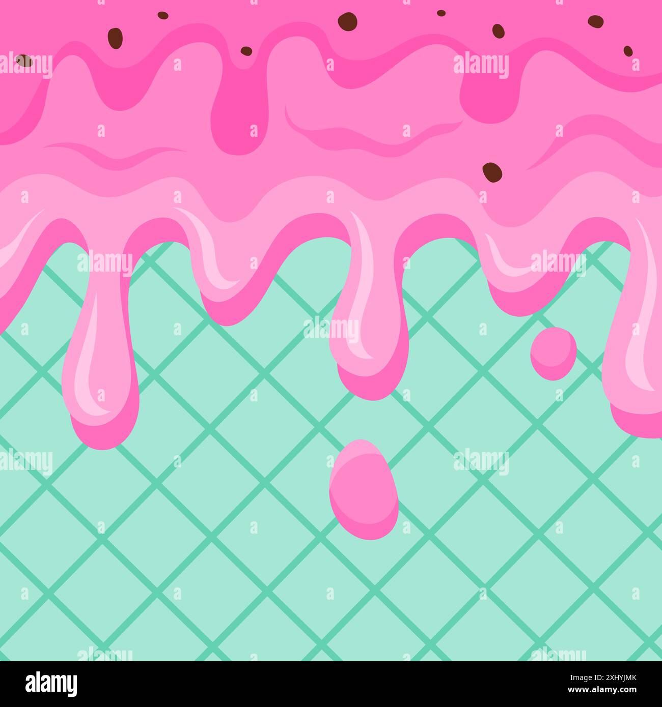 Strawberry ice cream or syrup flowing and dripping over mesh waffle ...