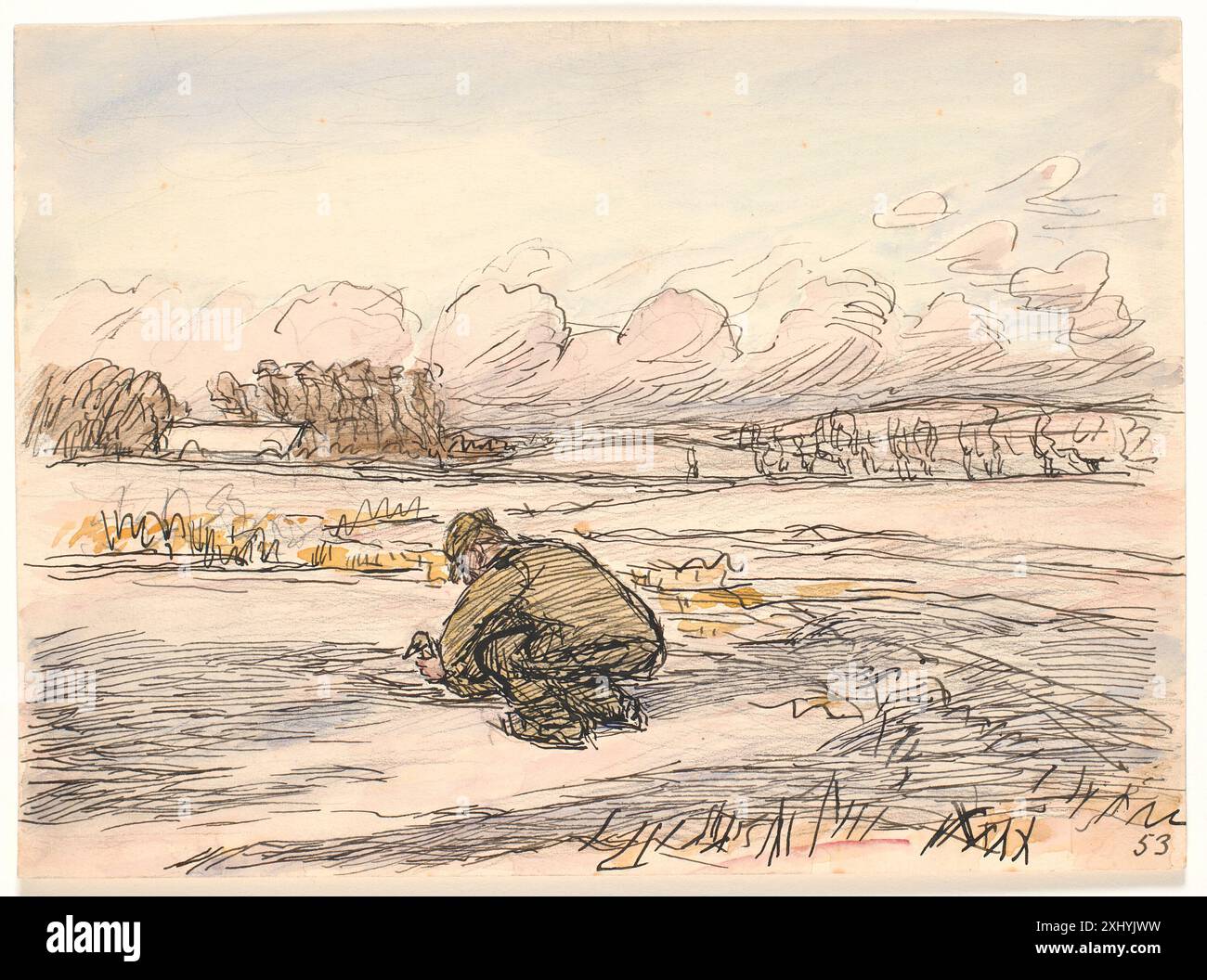 A drawing by Fritz Syberg depicting a farmer on the ice, illustrating ...