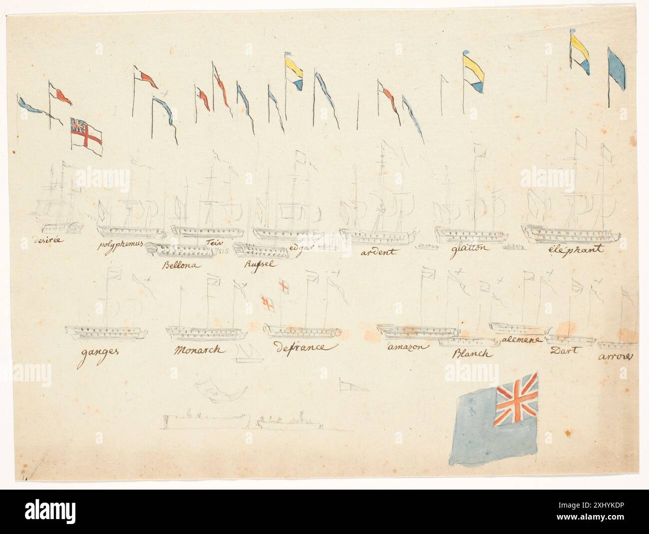 Drawing by C.A. Lorentzen showing studies of English warships with ...