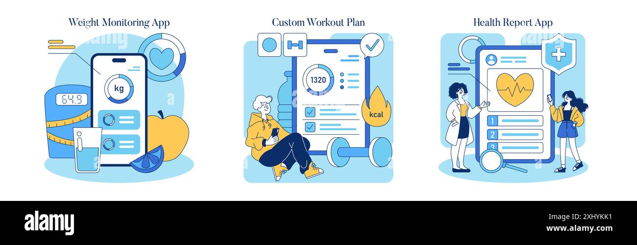 Health Apps set. Digital tools for wellness tracking, workout ...