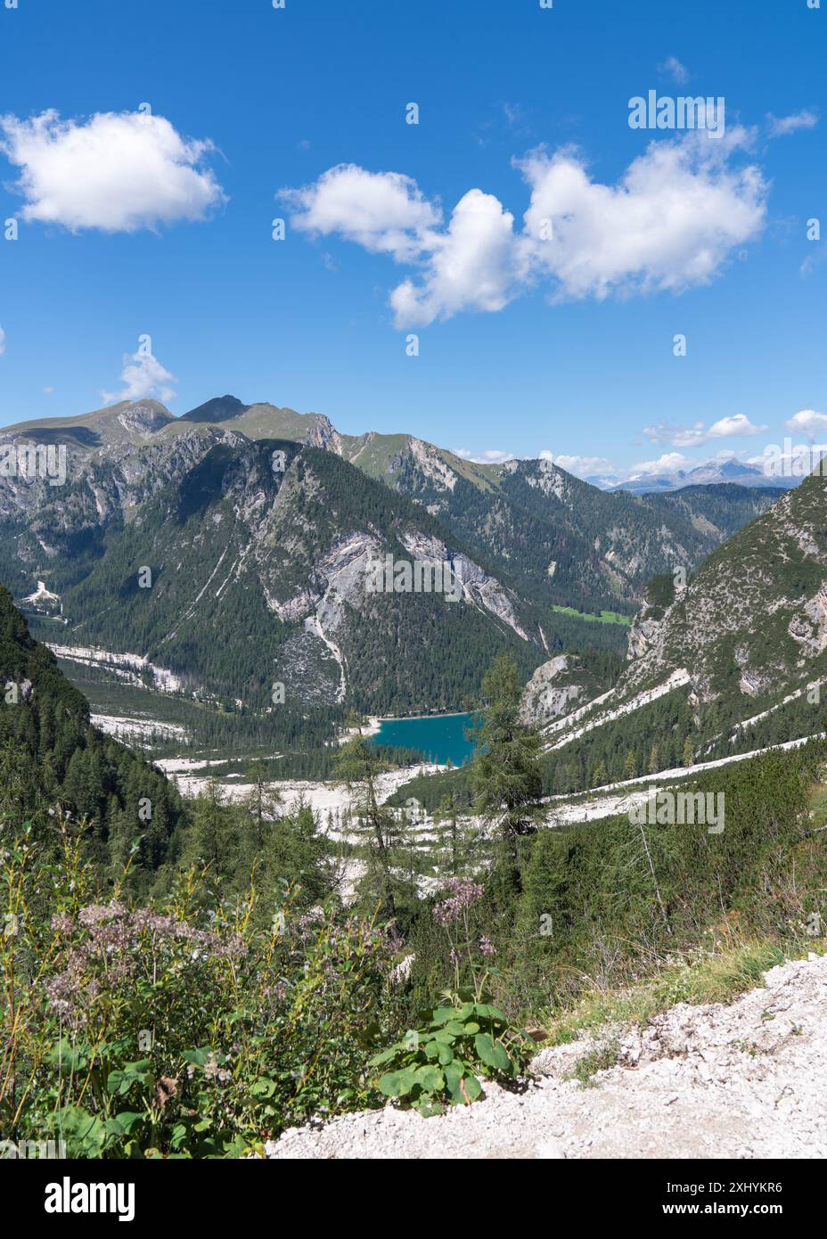 High rocks. Alps in Italy. South Tyrol. Dolomites. Green landscape with ...