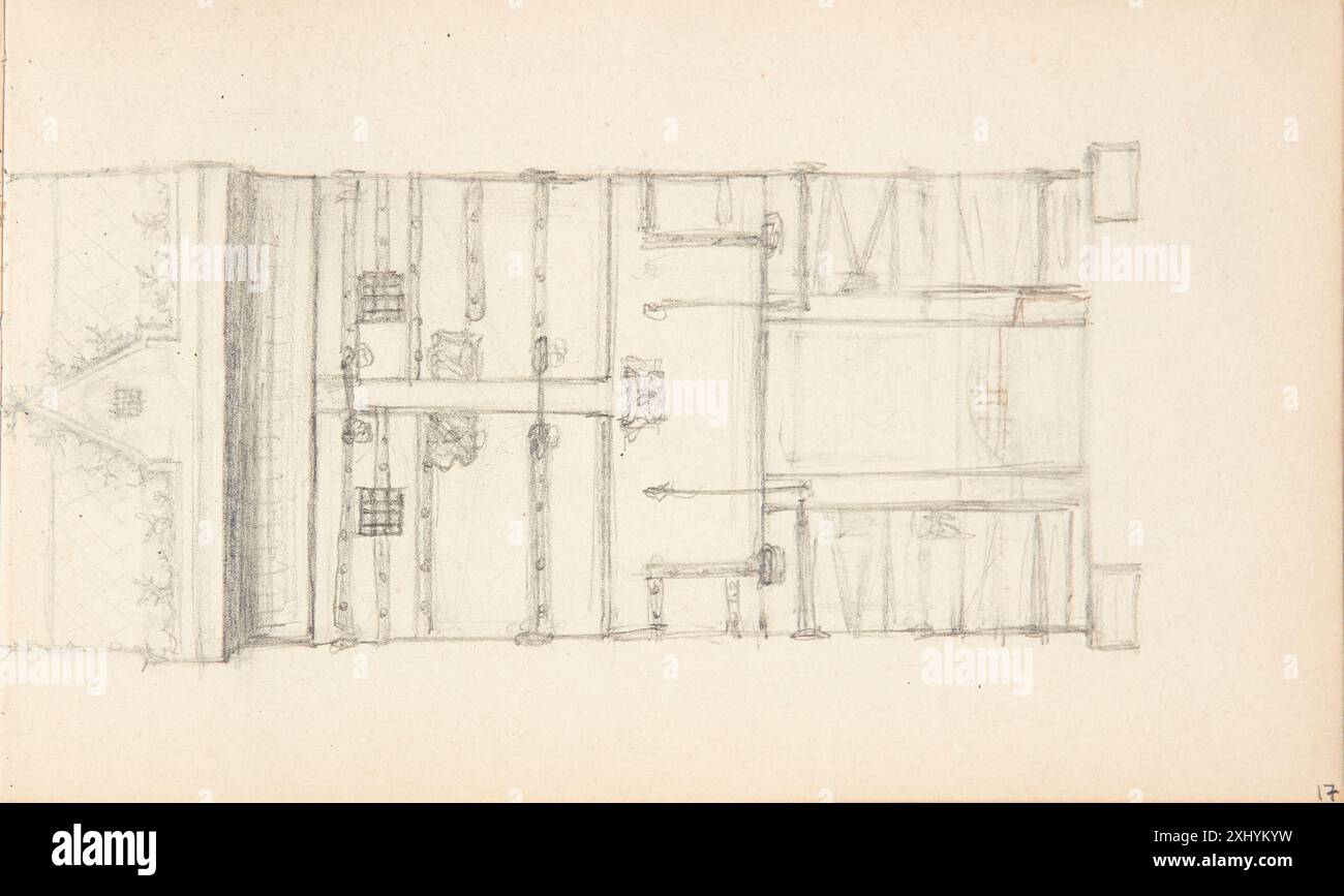 A drawing showing the elevation of a narrow half-timbered house or ...
