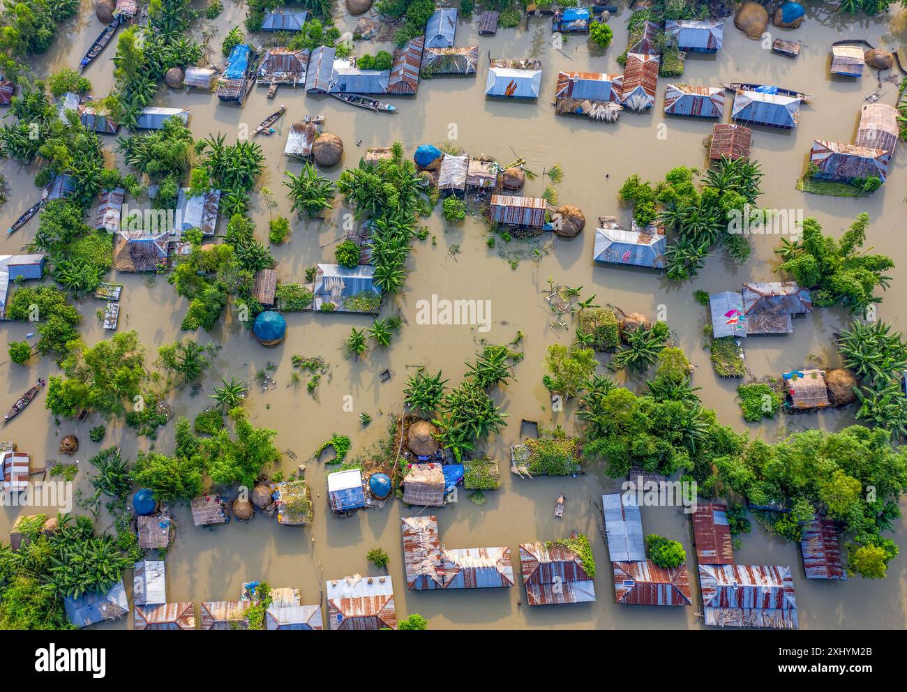 Aerial view of flood affected villages in Northern Bangladesh, highlighting the submerged homes ...