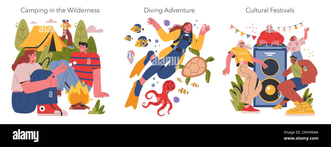 Outdoor Activities set. Scenes of camping, diving, and festival ...