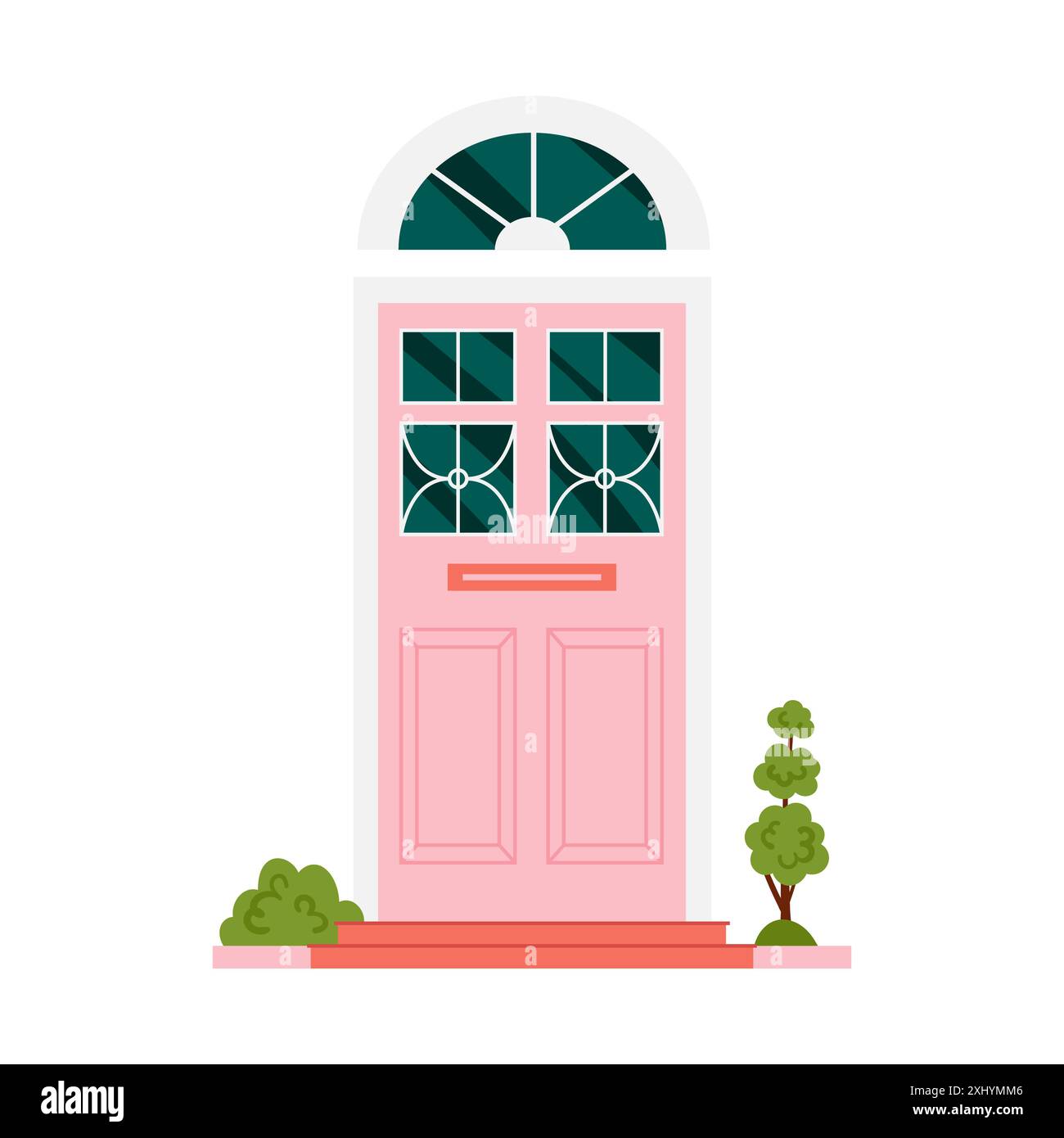 Front door of residential house, pink traditional cute door with arch ...