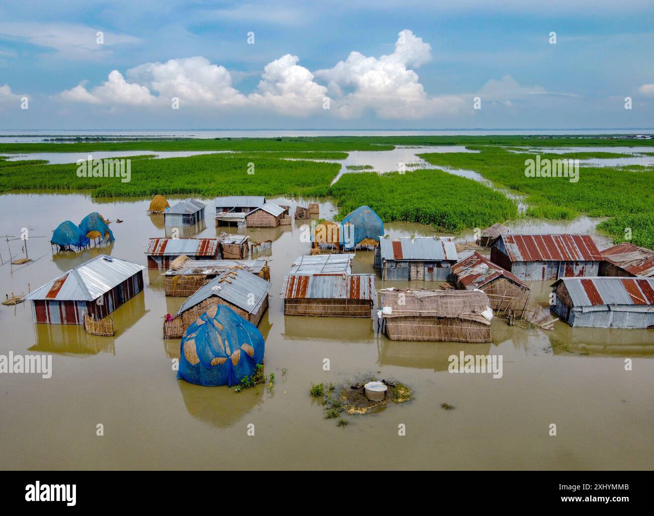 Aerial view of flood affected villages in Northern Bangladesh, highlighting the submerged homes ...