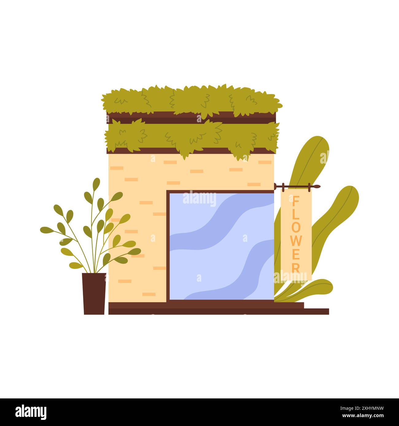 Modern flower shop front street view with plants in pots and roof ...