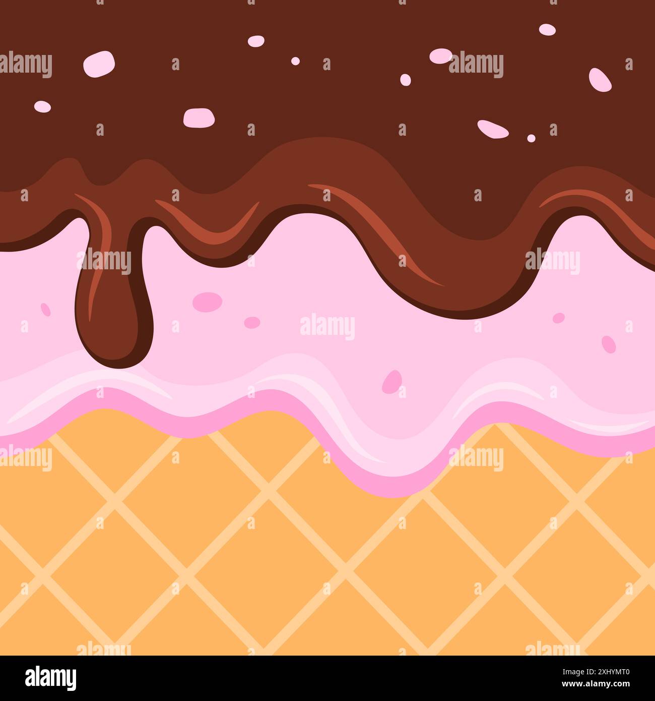 Melting layers of chocolate and strawberry ice cream on waffle surface ...