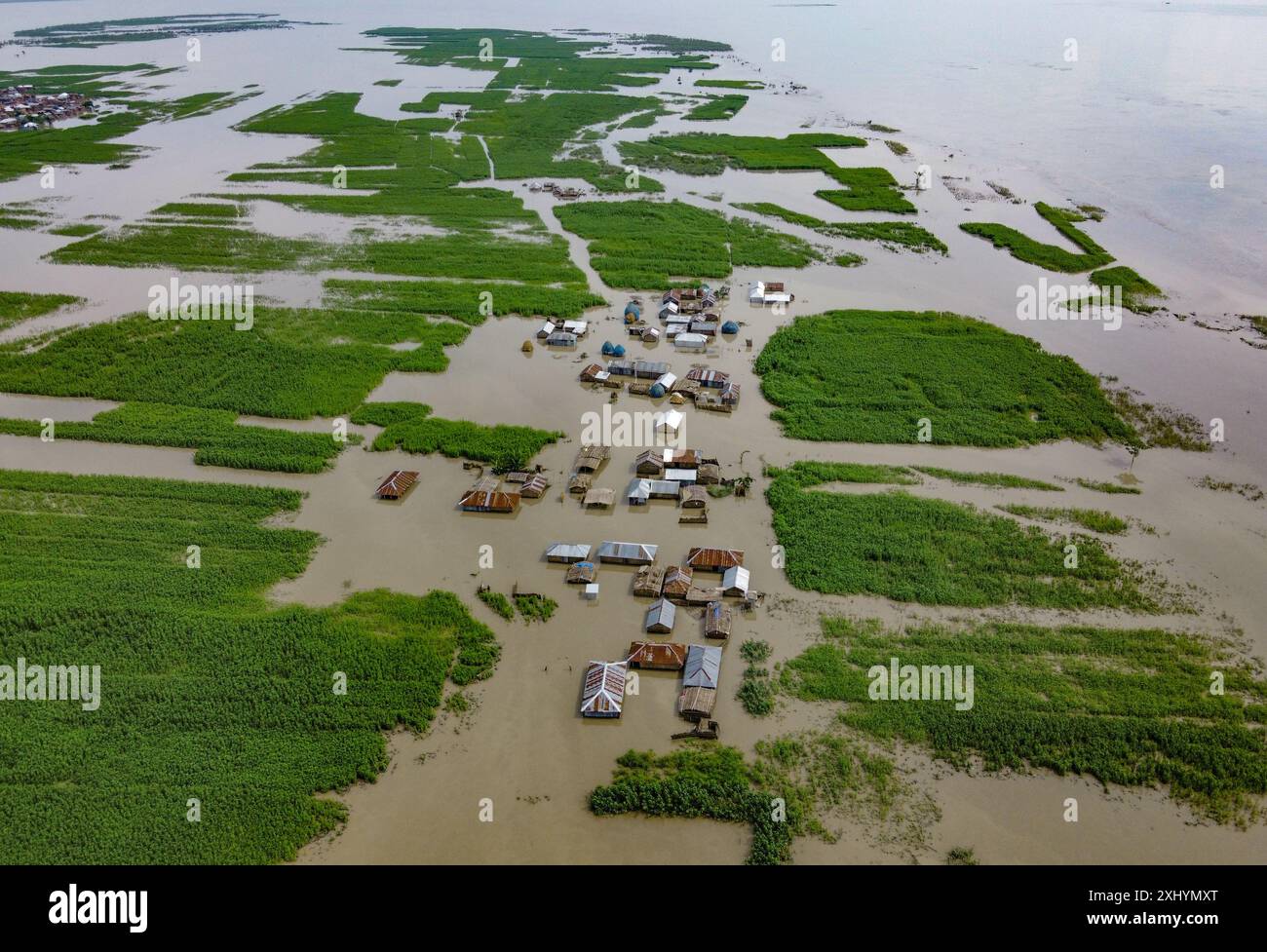 Aerial view of flood affected villages in Northern Bangladesh, highlighting the submerged homes ...