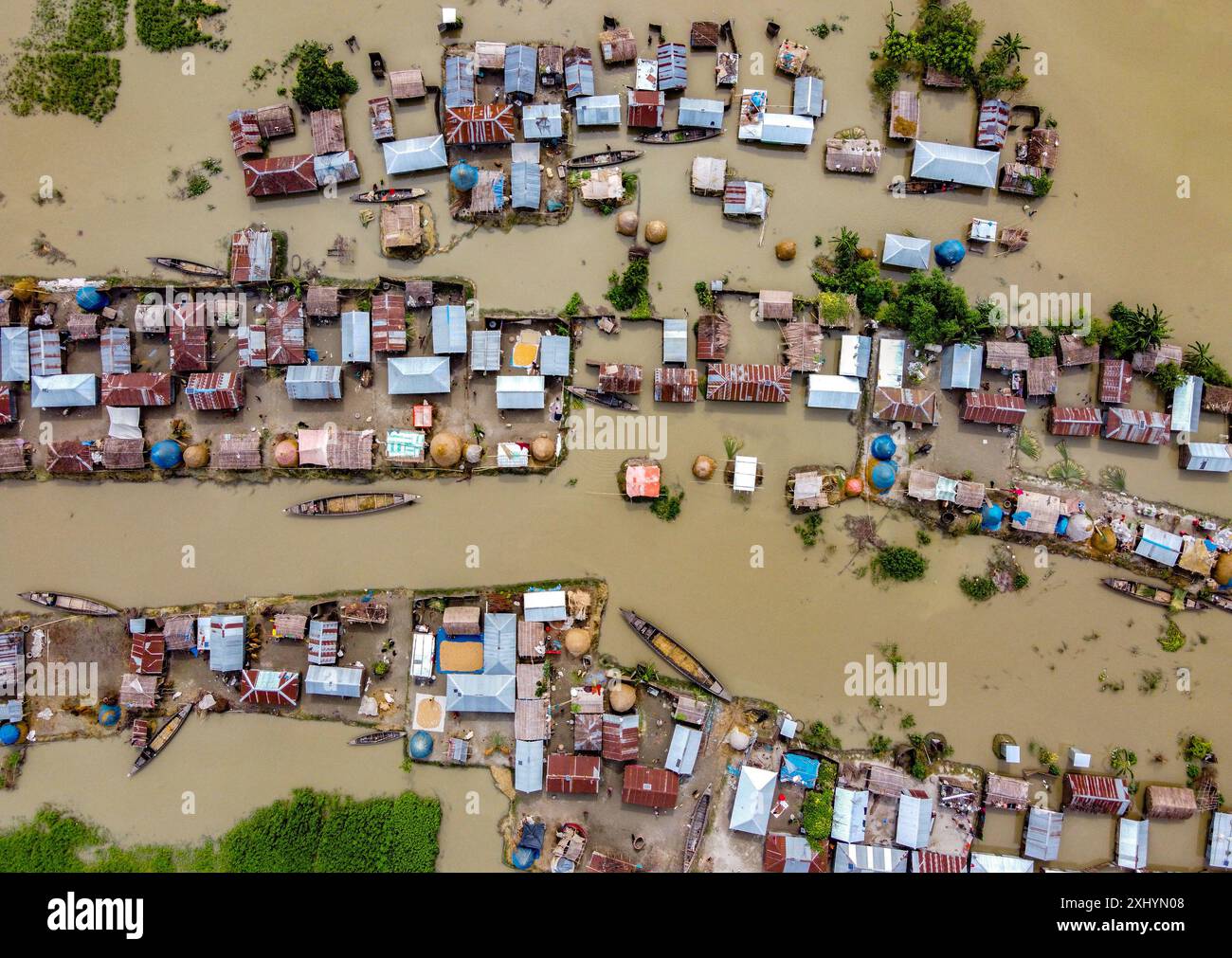 Aerial view of flood affected villages in Northern Bangladesh, highlighting the submerged homes ...