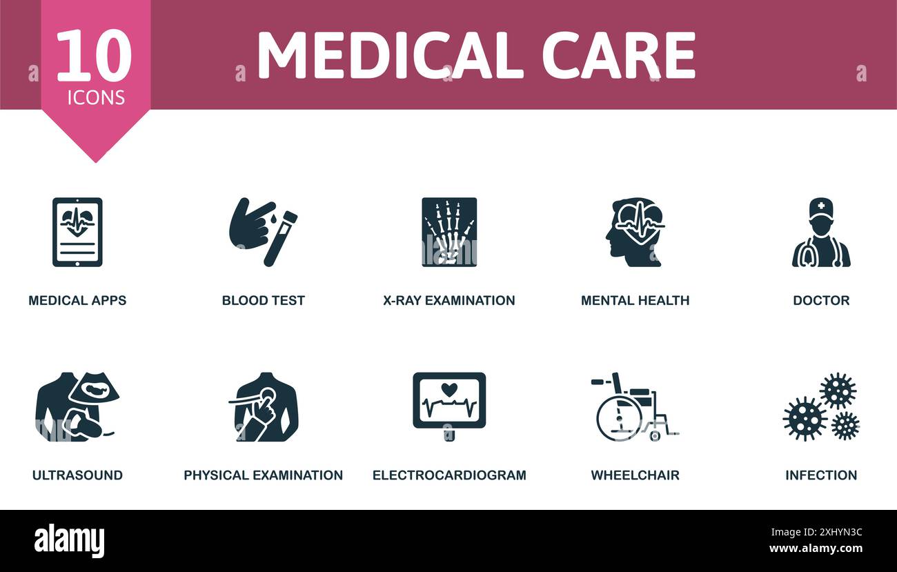 Medical Care icon set. Medical Apps, Blood Test, X-Ray Examination ...