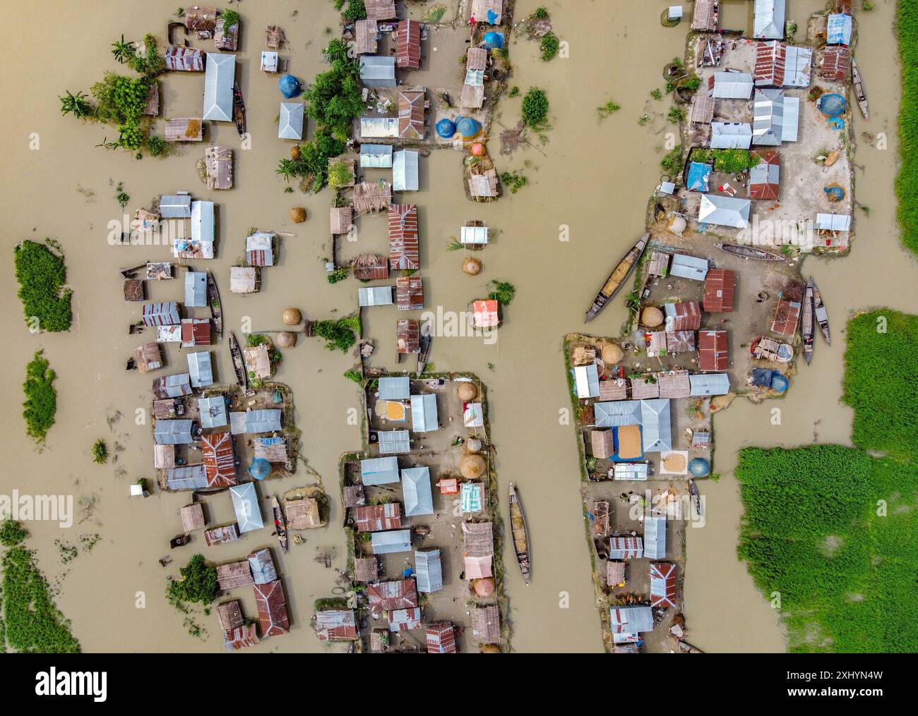 Aerial view of flood affected villages in Northern Bangladesh, highlighting the submerged homes ...