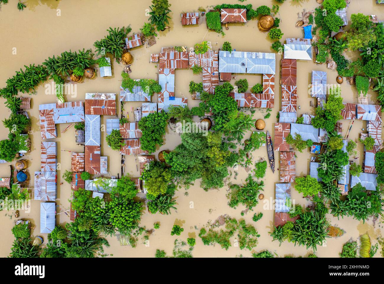 Aerial view of flood affected villages in Northern Bangladesh, highlighting the submerged homes ...