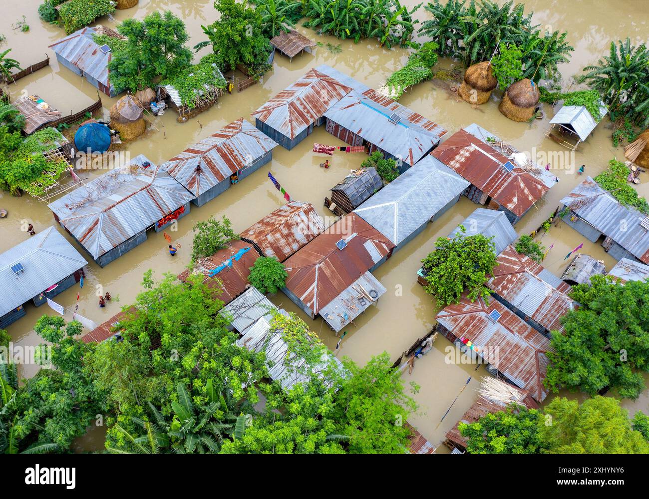 Aerial view of flood affected villages in Northern Bangladesh, highlighting the submerged homes ...