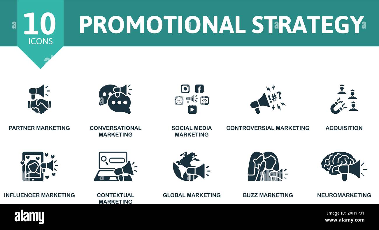 Promotional Strategy icon set. Partner Marketing, Conversational ...