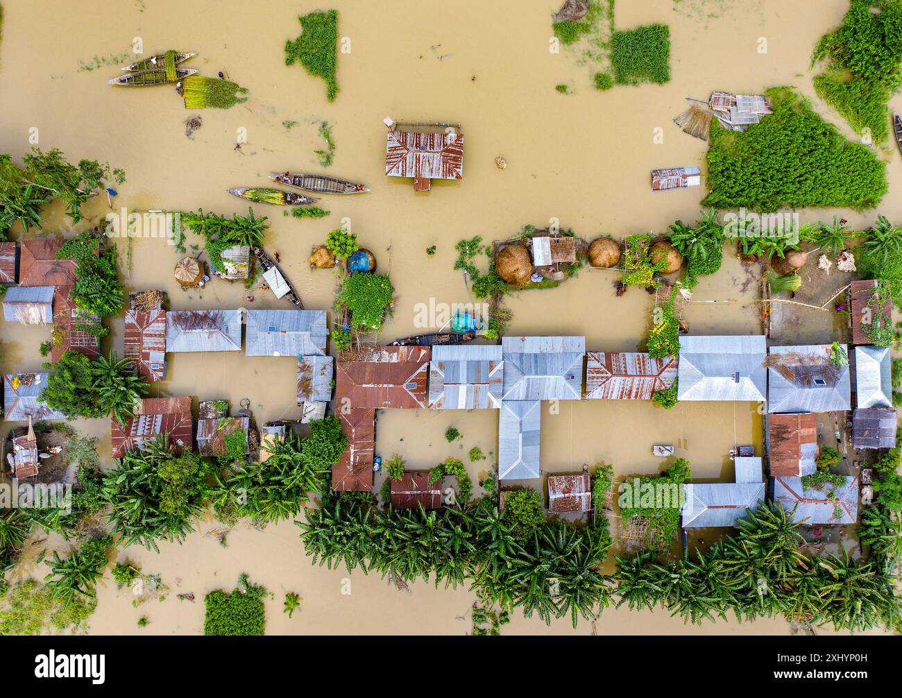 Aerial view of flood affected villages in Northern Bangladesh, highlighting the submerged homes ...