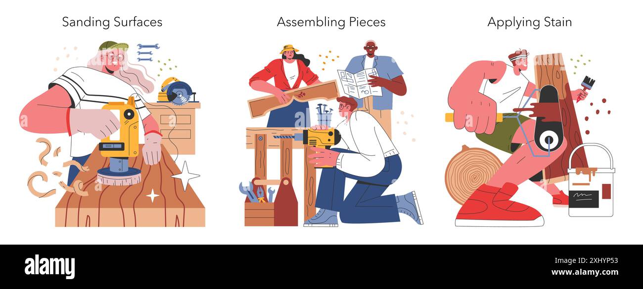 Woodworking DIY set. Illustration of different stages in wood crafting ...