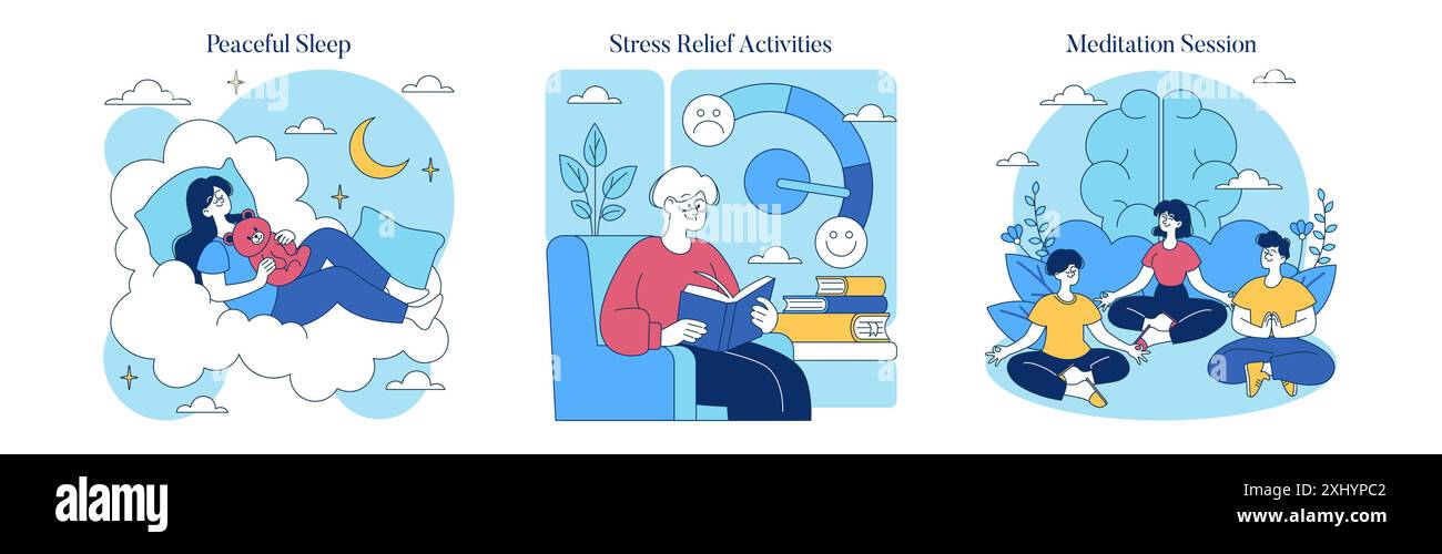 Wellness Methods set. Illustration of people engaging in activities for ...