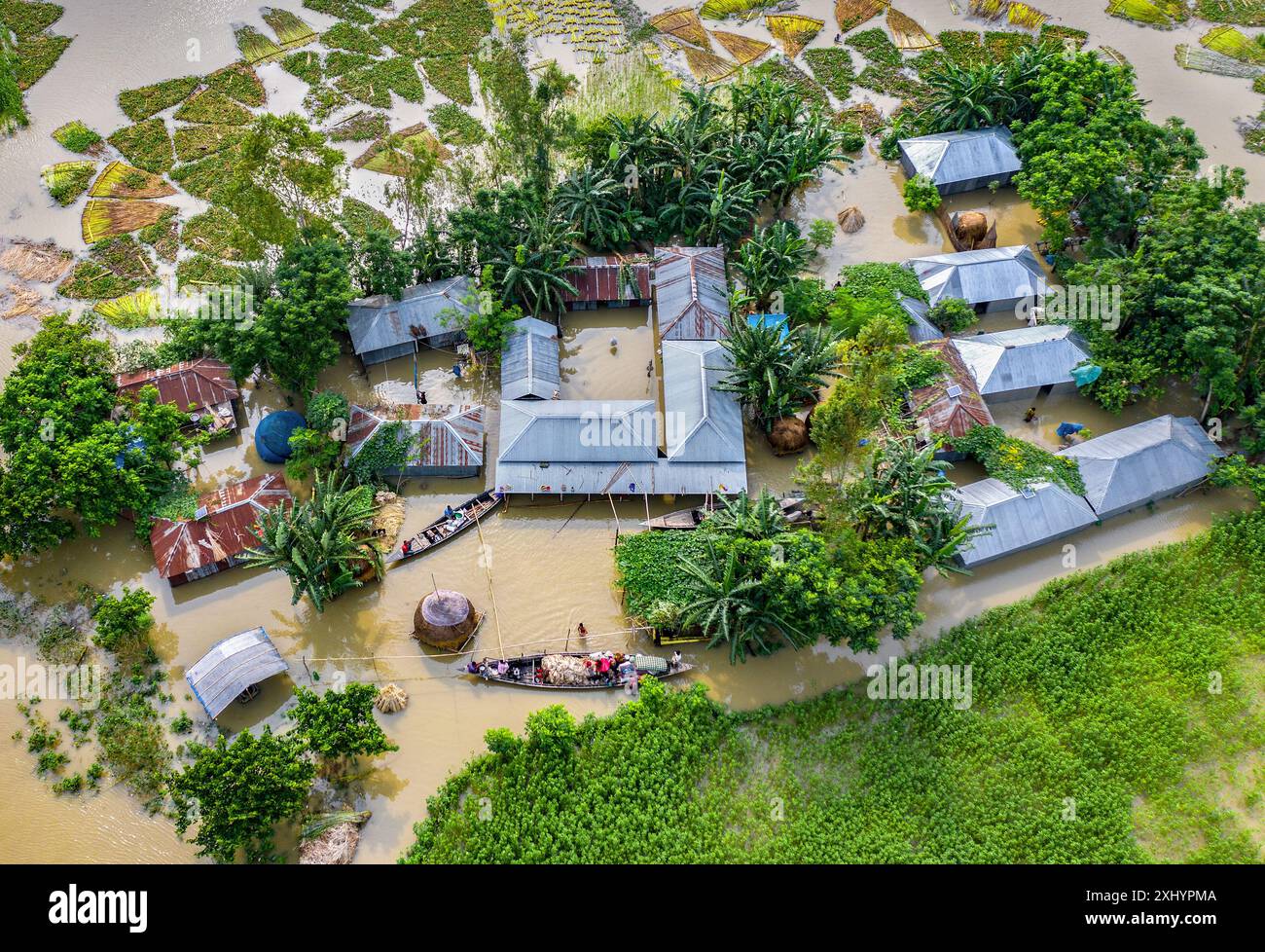 Aerial view of flood affected villages in Northern Bangladesh, highlighting the submerged homes ...