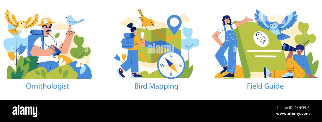 Birdwatching set. Enthusiasts engage in ornithology, bird mapping, and use field guides in ...