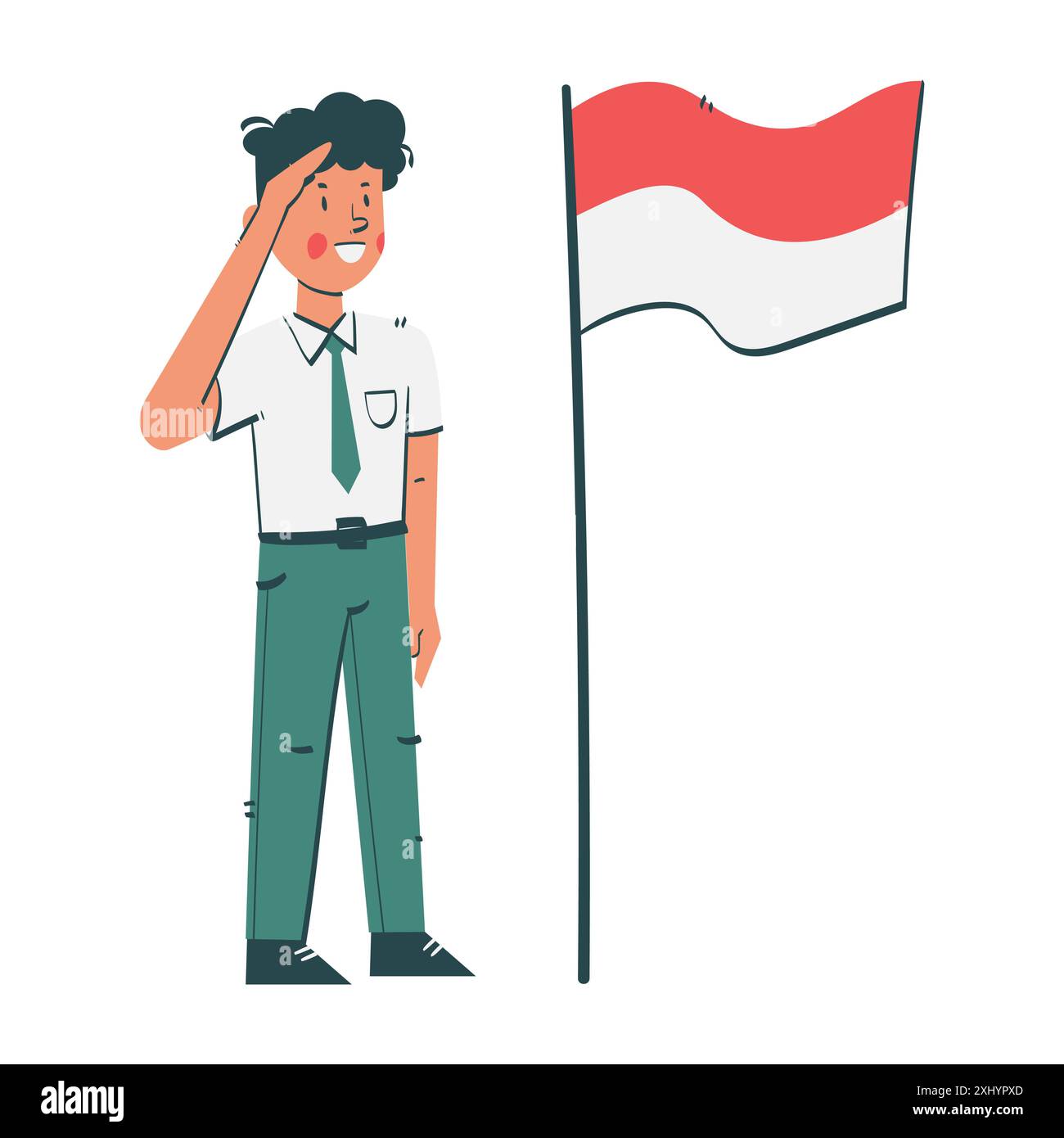 Indonesian student in traditional attire saluting the national flag ...