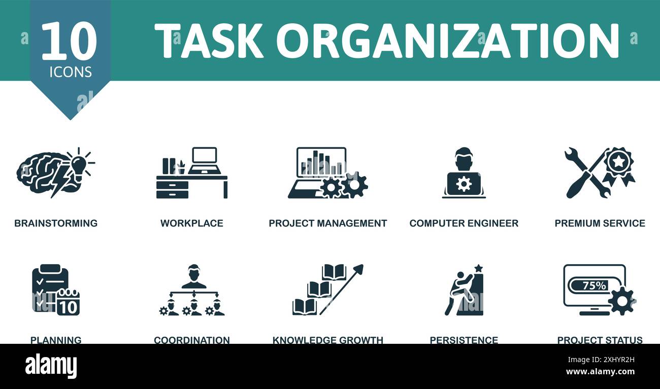 Task Organization icon set. Brainstorming, Workplace, Project ...