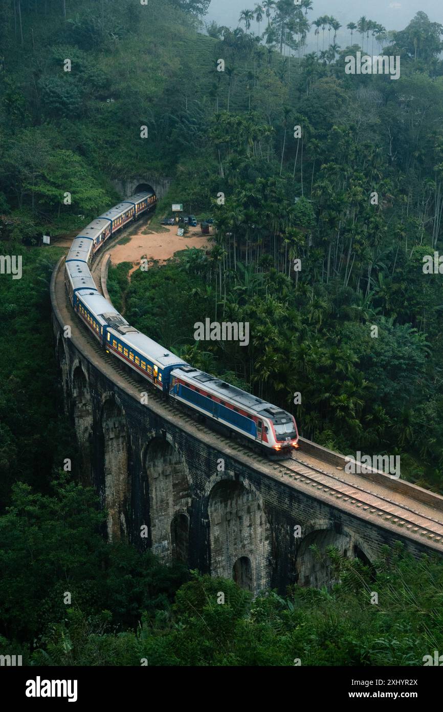 Scenic train journey on a historic Nine Arches Bridge surrounded by ...