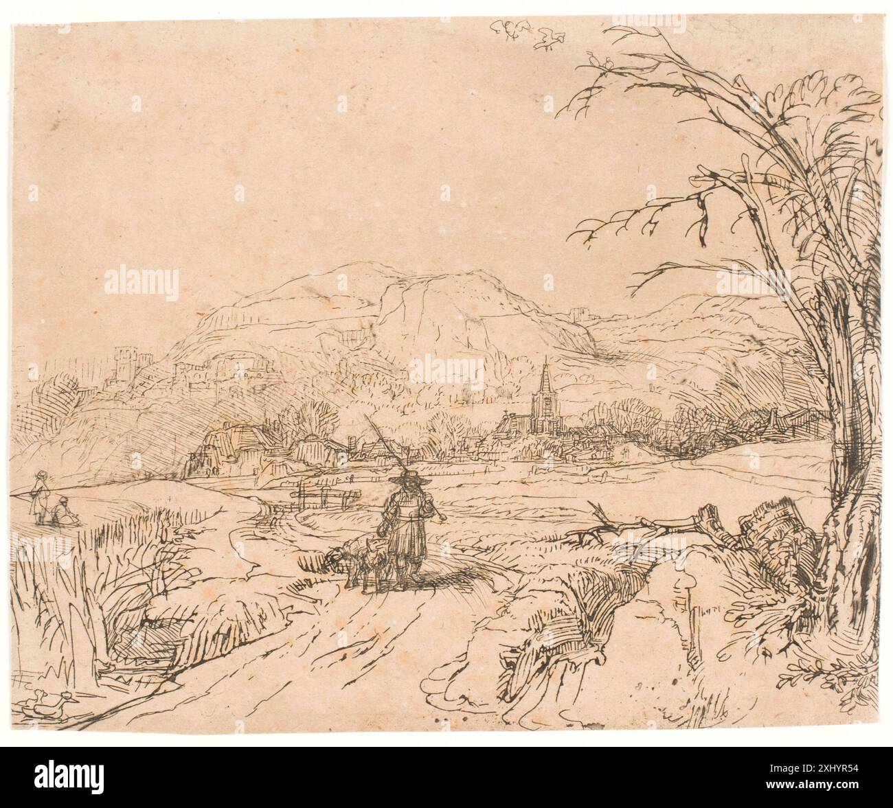 Engraving by Rembrandt van Rijn depicting a sportsman with dogs in a ...