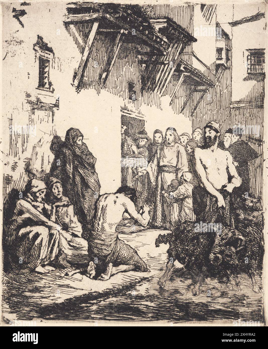 Etching by Frans Schwartz showing Christ healing two blind individuals ...