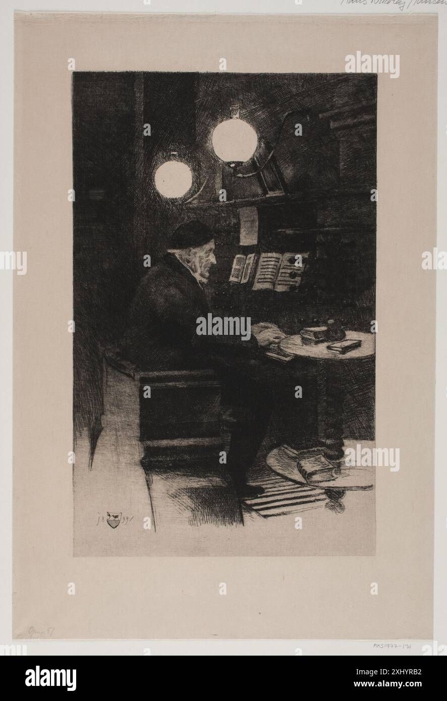 Engraving by Hans Nikolaj Hansen showing Hartmann playing the organ ...