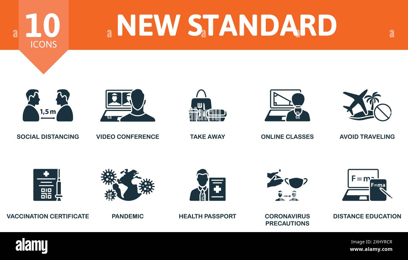 New Standard icon set. Social Distancing, Video Conference, Take Away ...