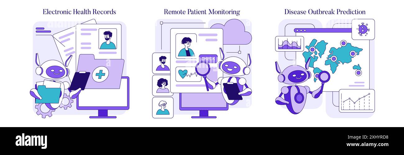 AI in Medicine set. Digitized healthcare with robots managing patient ... AI in Medicine set. Digitized healthcare with robots managing patient ...