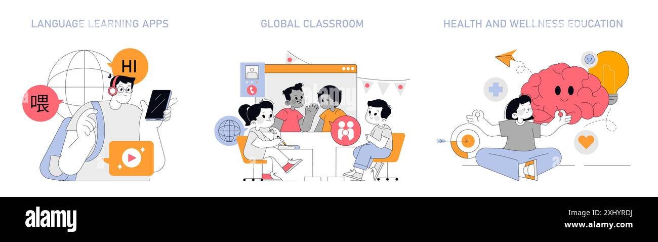 Education concept set. Language app user, students in a global ...