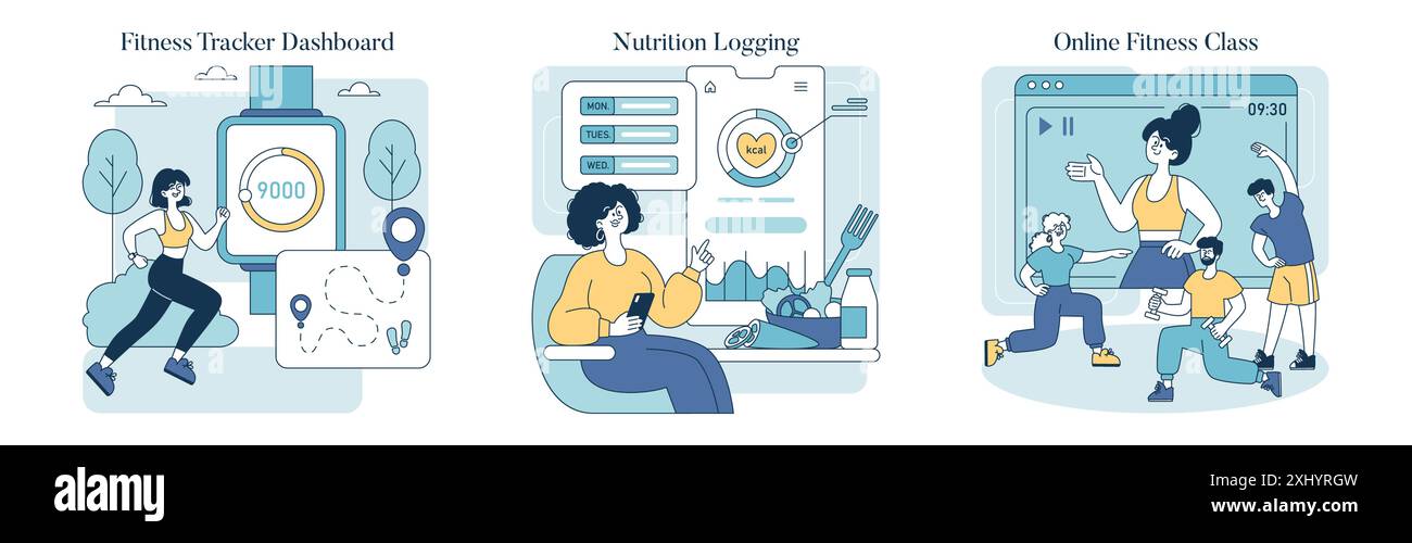 Wellness Technology set. Integrated health tracking, dietary planning ...