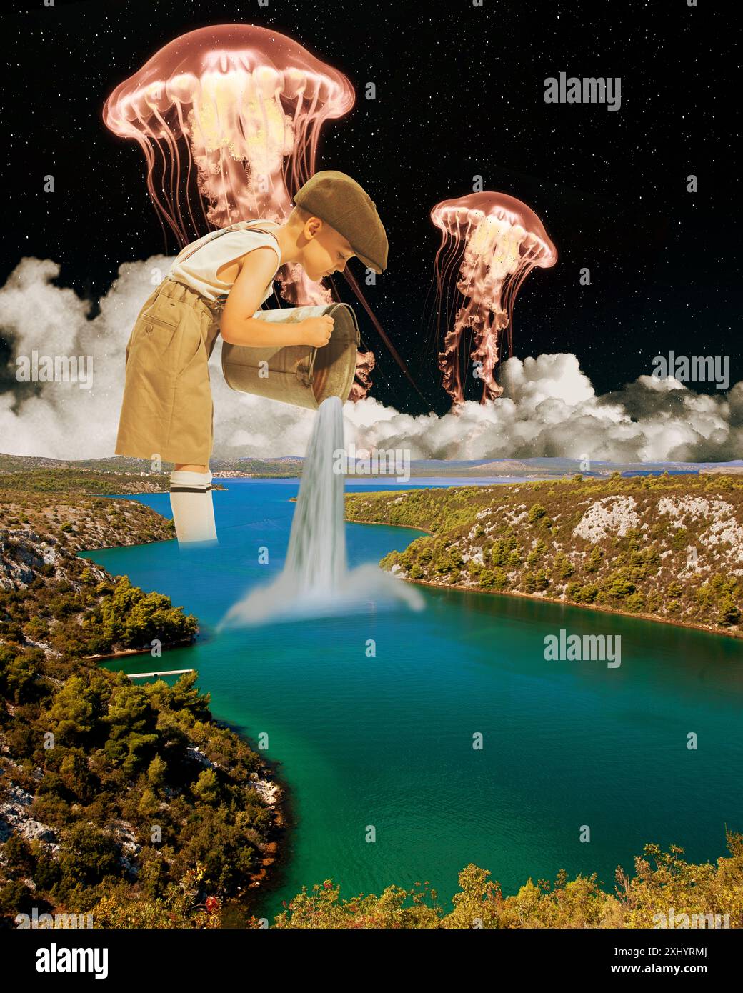 Little boy, child pours water from bucket into serene lake, creating ...