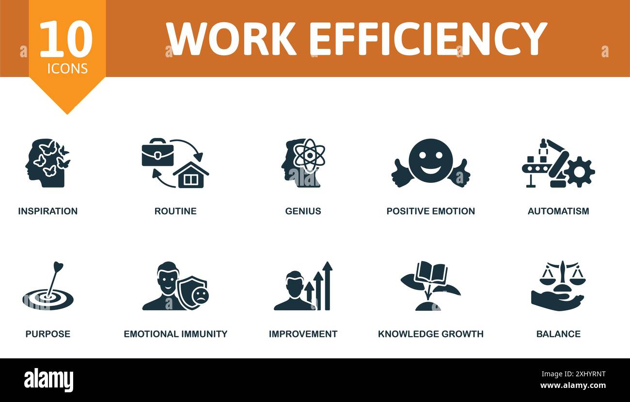 Work Efficiency icon set. Inspiration, Routine, Genius, Positive ...
