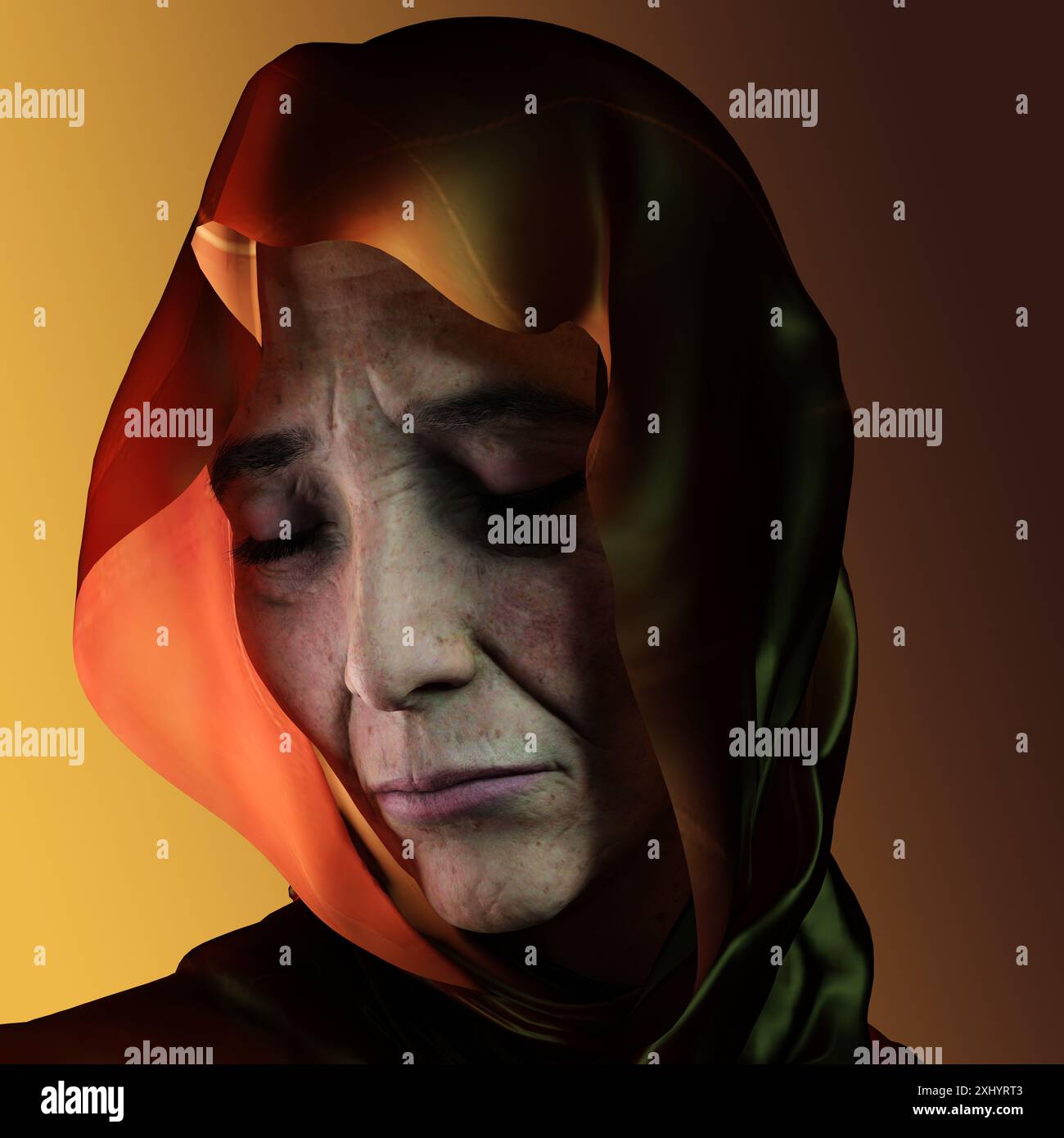 Portrait of an old woman with a hood, sadly tilting her head sideways ...