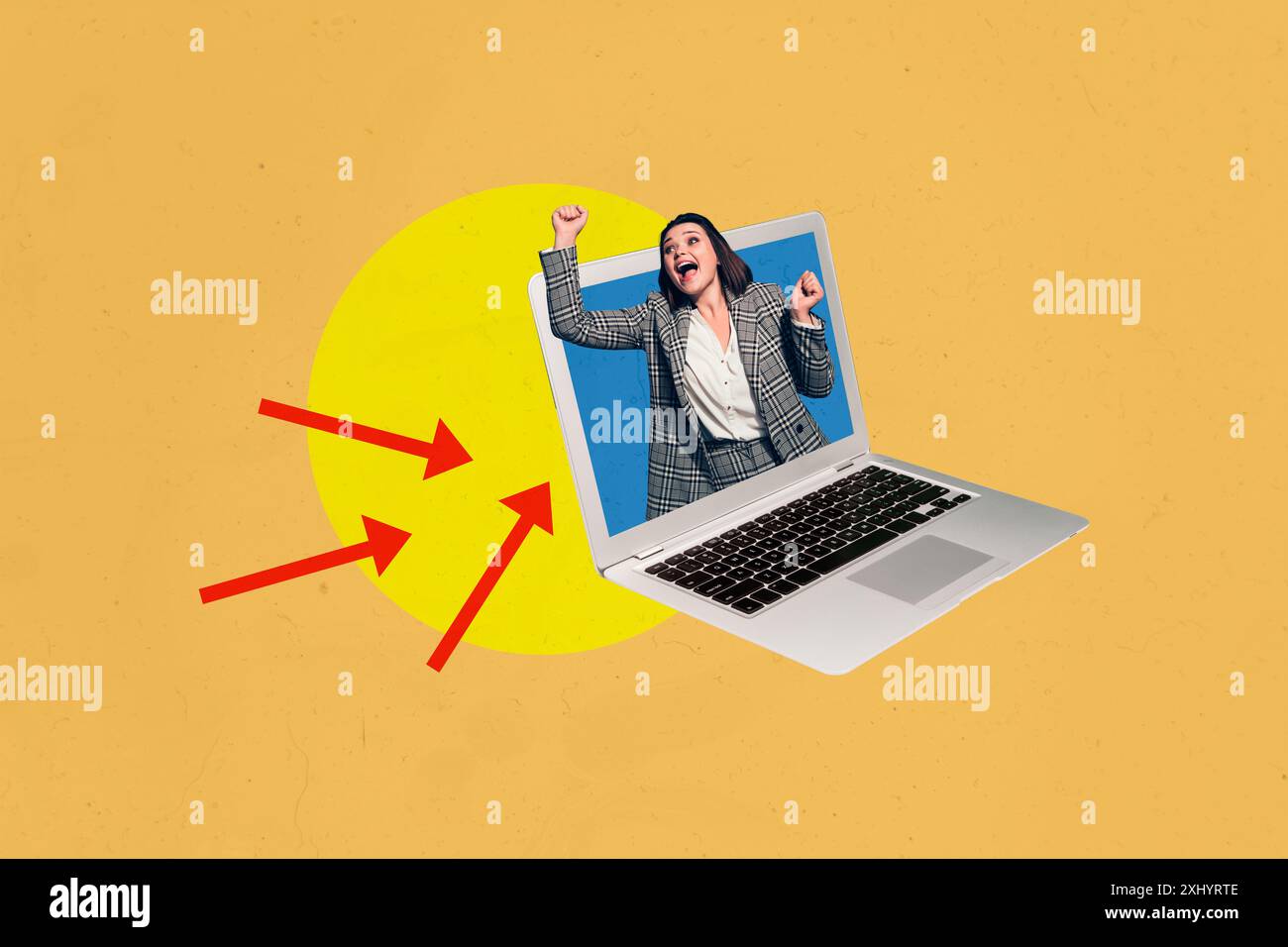Creative collage picture young happy joyful woman worker remote job ...