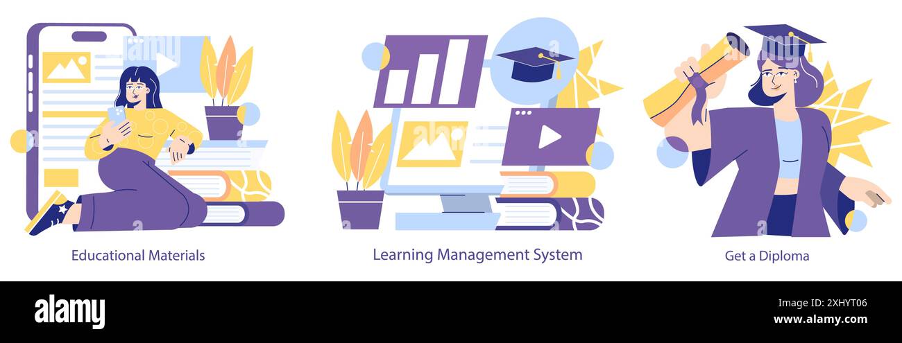Online Education set. Digital learning tools, course management, and ...