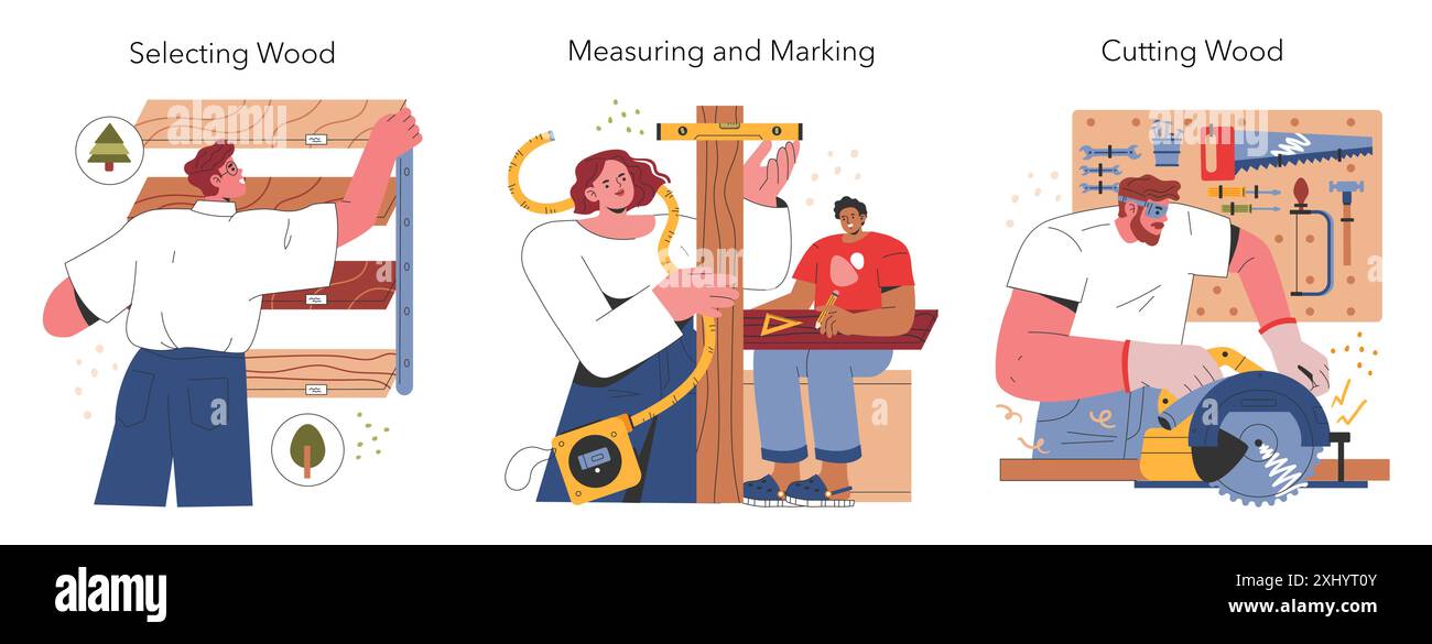 Woodworking DIY set. Steps for crafting from wood, including selection, measurement, and cutting ...