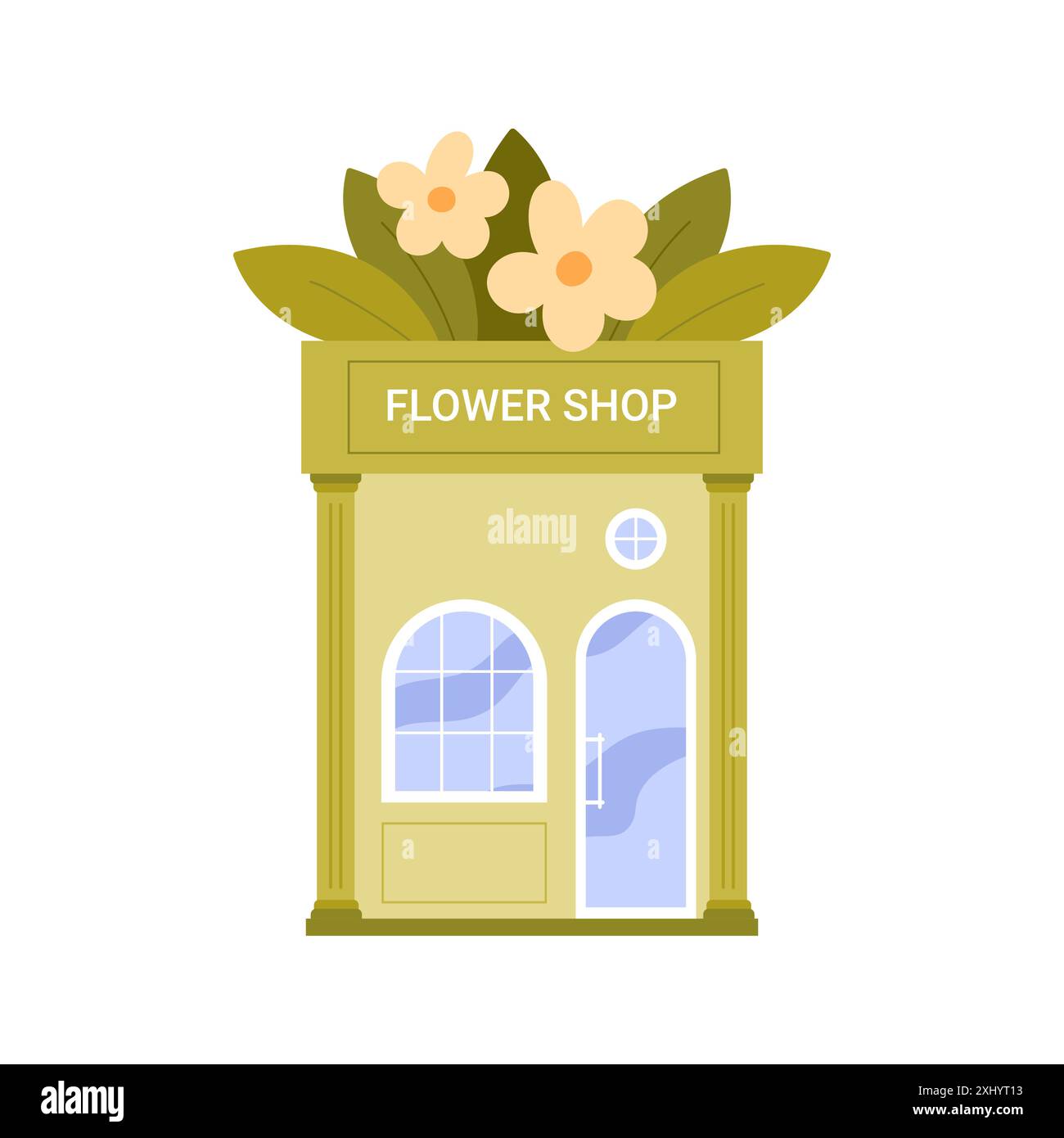 Flower shop exterior, green florist store building with daisy flowers ...