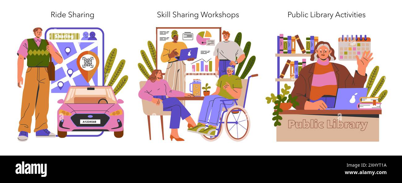 Illustration of community engagement activities: ride sharing, skill ...