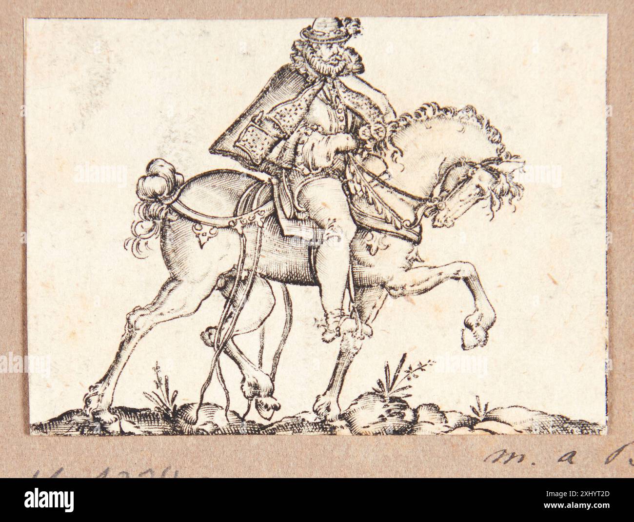 Copper engraving of a rider facing right, depicting horse, rider's ...
