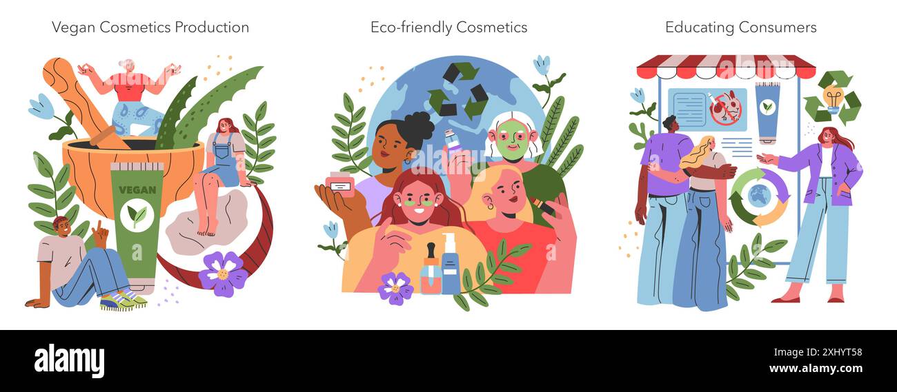 Ethical Cosmetics set. Illustrating stages from vegan production to ... Ethical Cosmetics set. Illustrating stages from vegan production to ...
