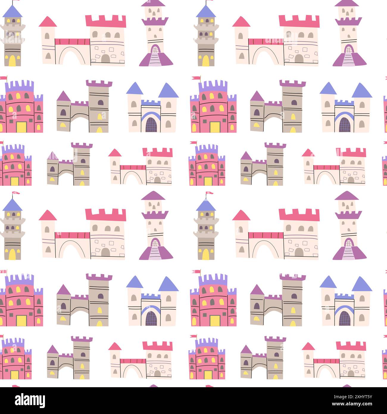 Childrens castle pattern. Cartoon fairy building background. Cute ...